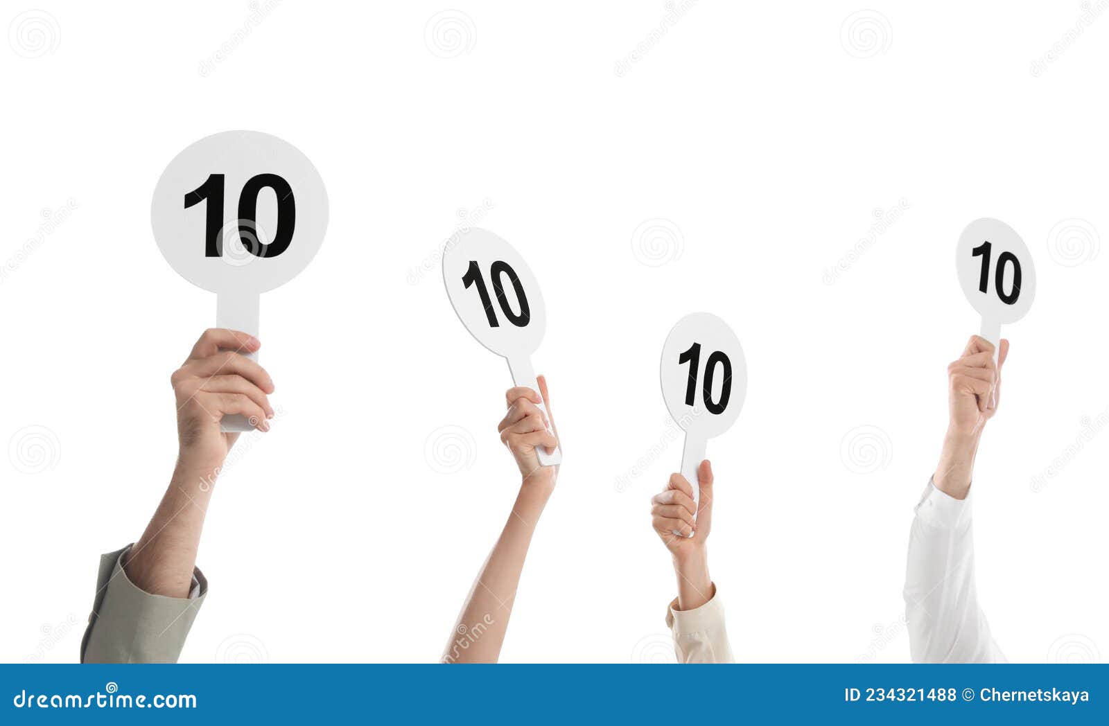 Panel of Judges Holding Signs with Highest Score on White Background ...