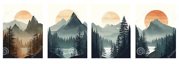 4-panel Set of Simple Vector Landscape Illustrations Stock Illustration ...