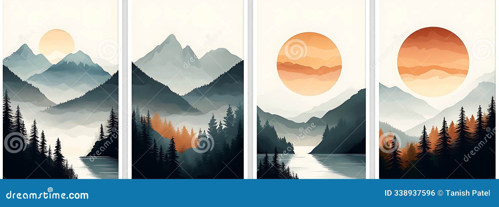 4-panel Set of Simple Vector Landscape Illustrations Stock Illustration ...