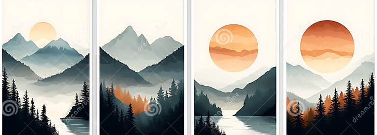 4-panel Set of Simple Vector Landscape Illustrations Stock Illustration ...