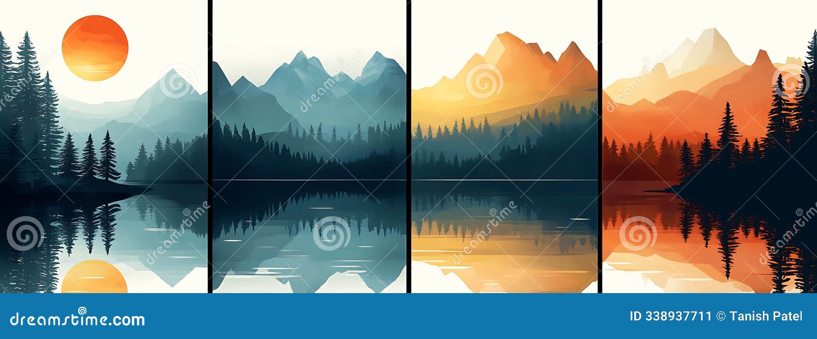 4-panel Set of Simple Vector Landscape Illustrations Stock Illustration ...