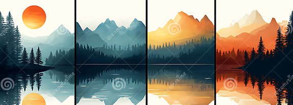 4-panel Set of Simple Vector Landscape Illustrations Stock Illustration ...