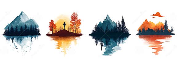 4-panel Set of Simple Vector Landscape Illustrations Stock Illustration ...