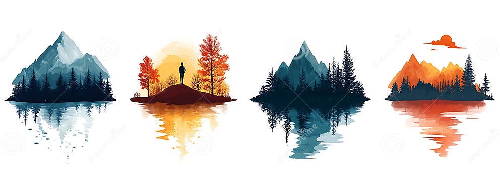 4-panel Set of Simple Vector Landscape Illustrations Stock Illustration ...