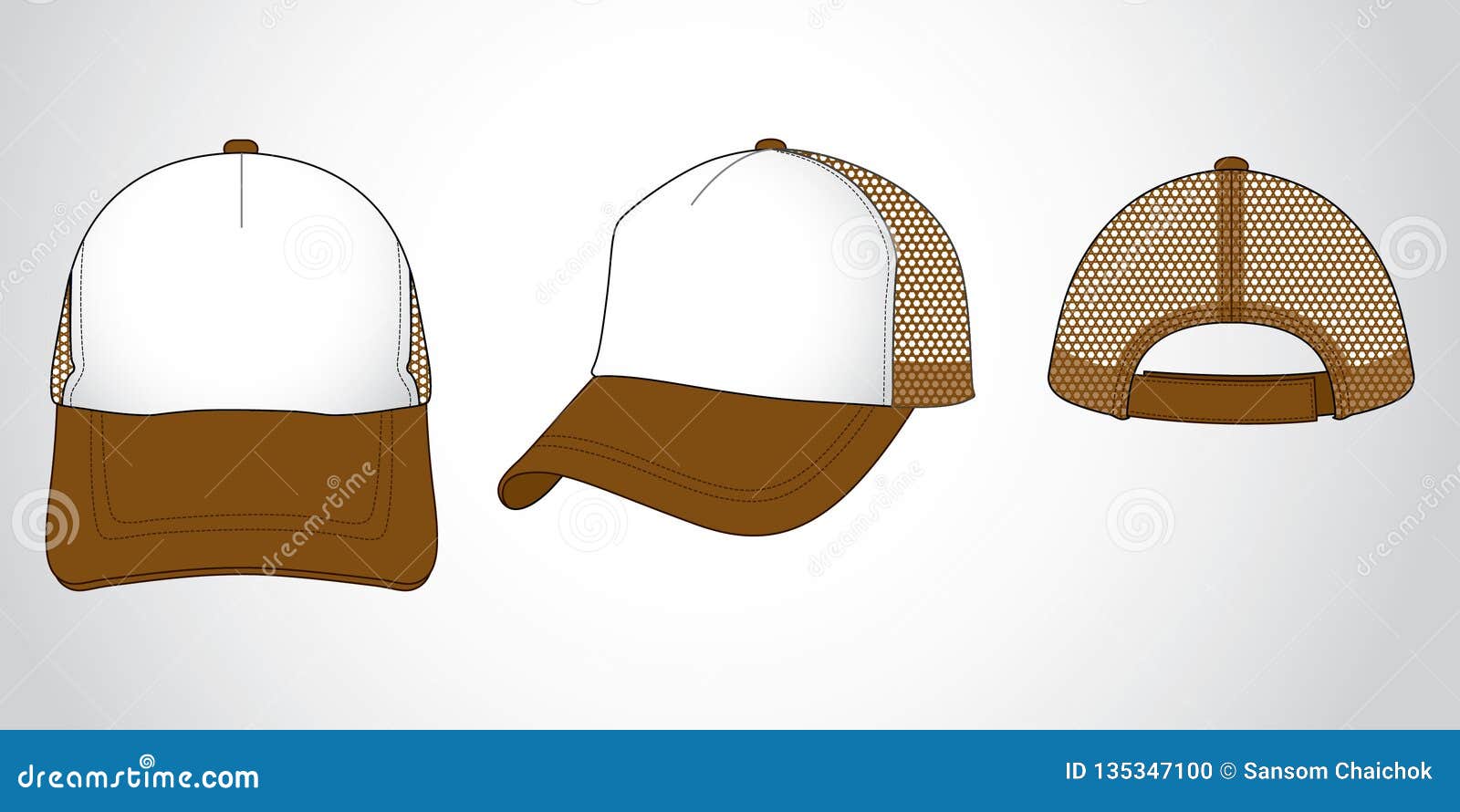 White-Brown Trucker Cap with Mesh Side and Back Panels Design Stock ...
