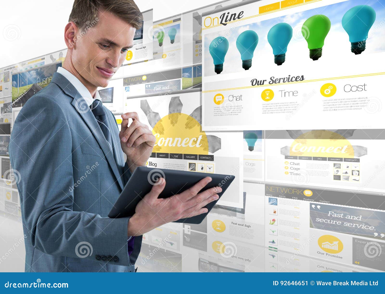 Panels with Websites(yellow), Business Man with Tablet Stock Image ...