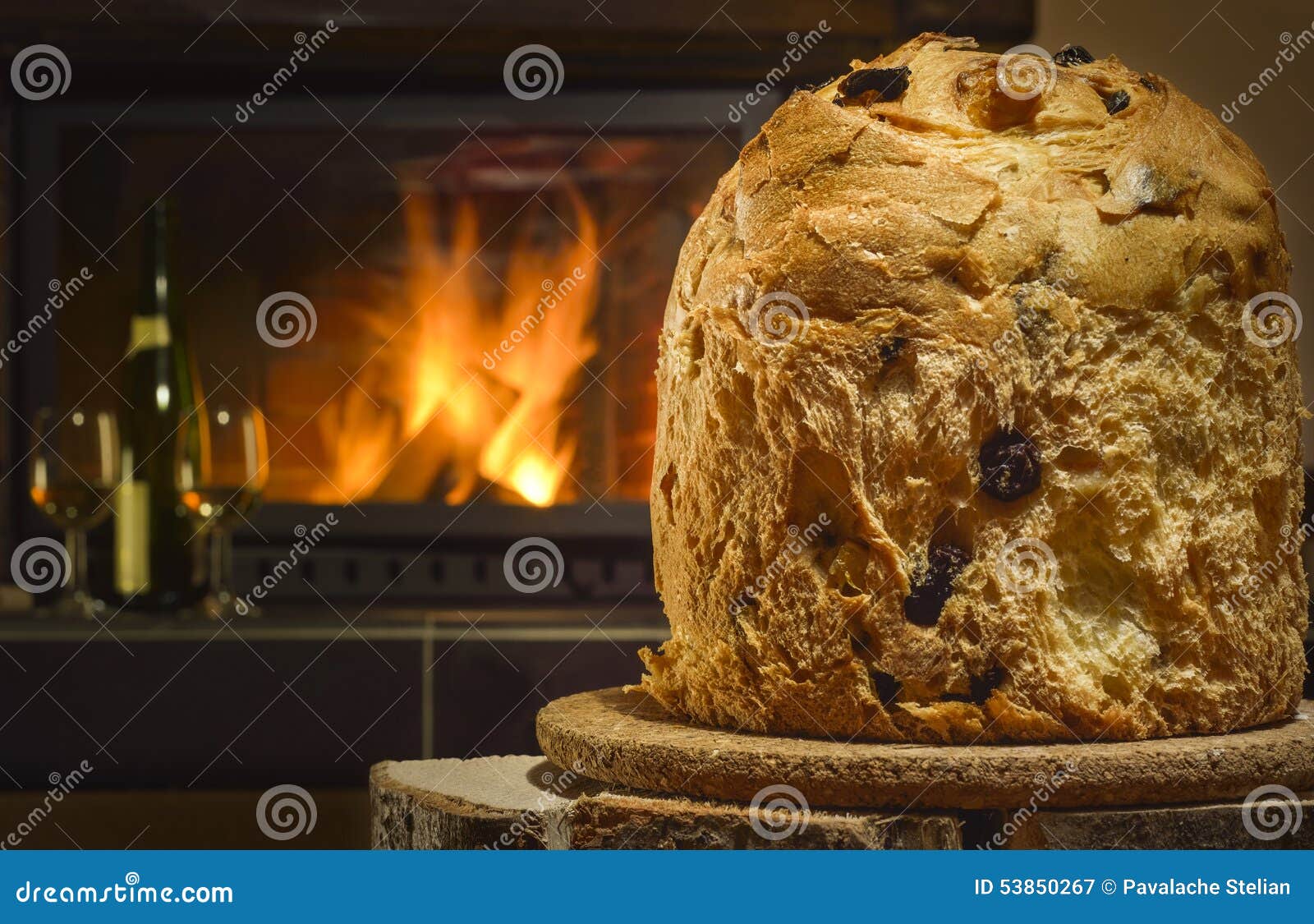 Panettone, Fireplace and Wine in Background Stock Image - Image of ...