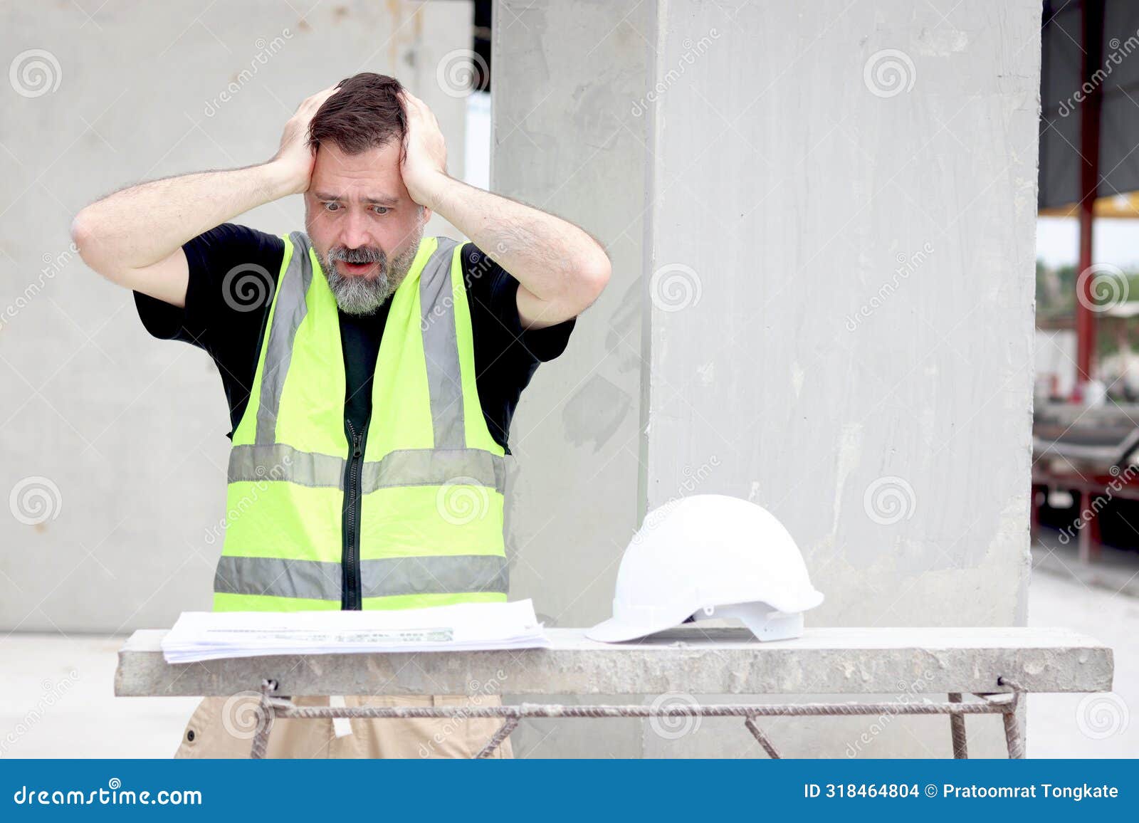 Panic Attacks Senior Worker Engineer Foreman with Safety Vest and ...