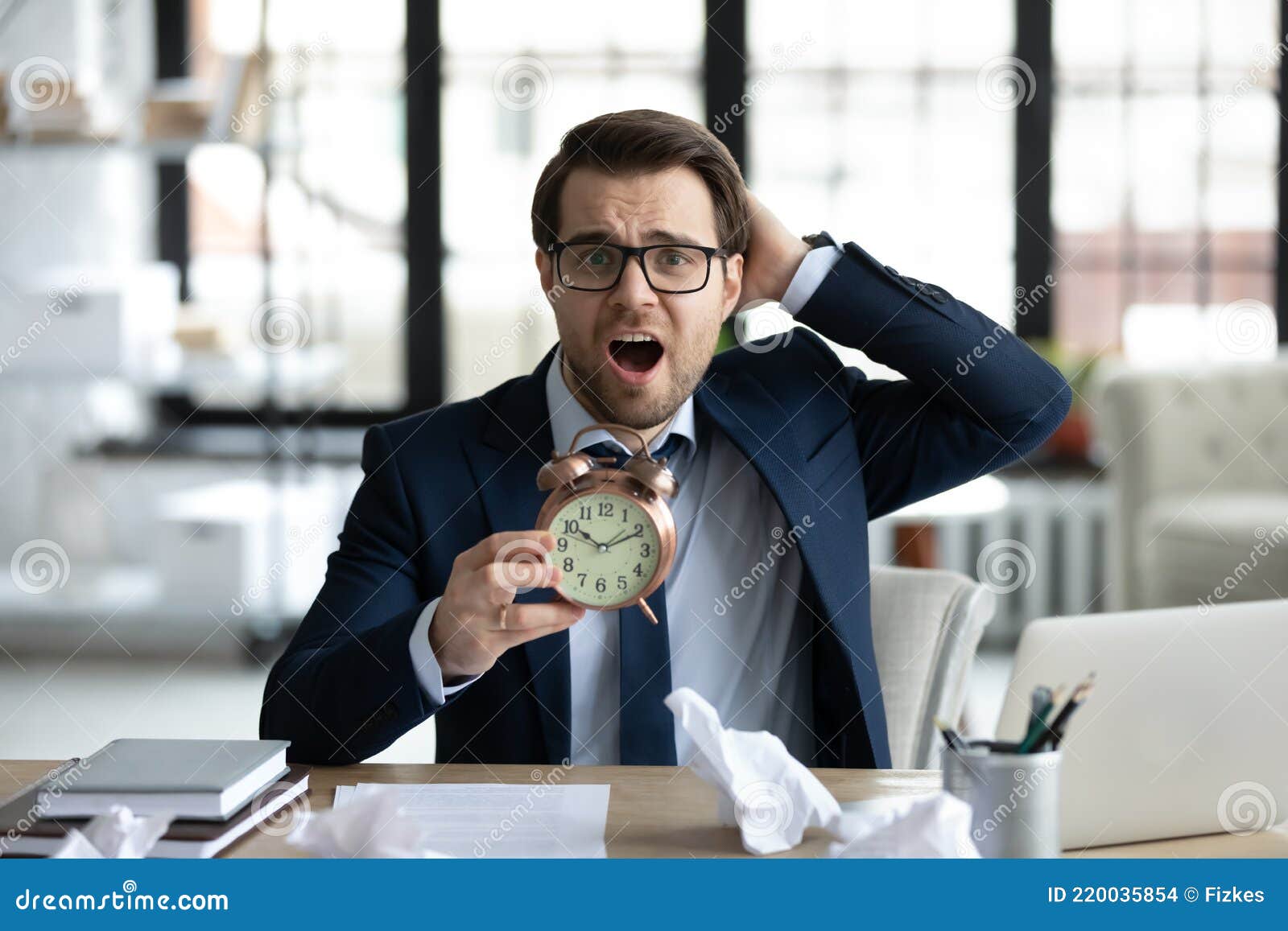 Panic Desperate Manager Missing Deadline, Holding Alarm Clock Stock ...