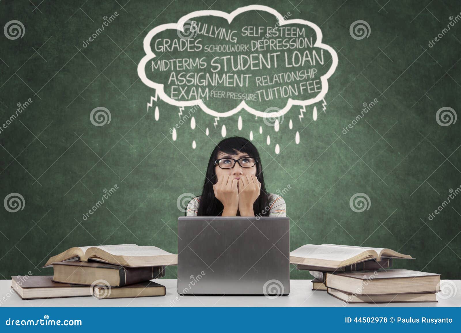 Panic Student with Cloud Tag of Problems Stock Photo - Image of ...