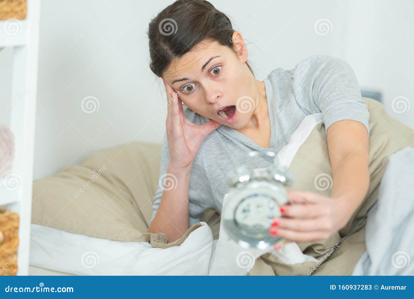 Panic Woman Waking Up Late in Morning Stock Image - Image of scared ...