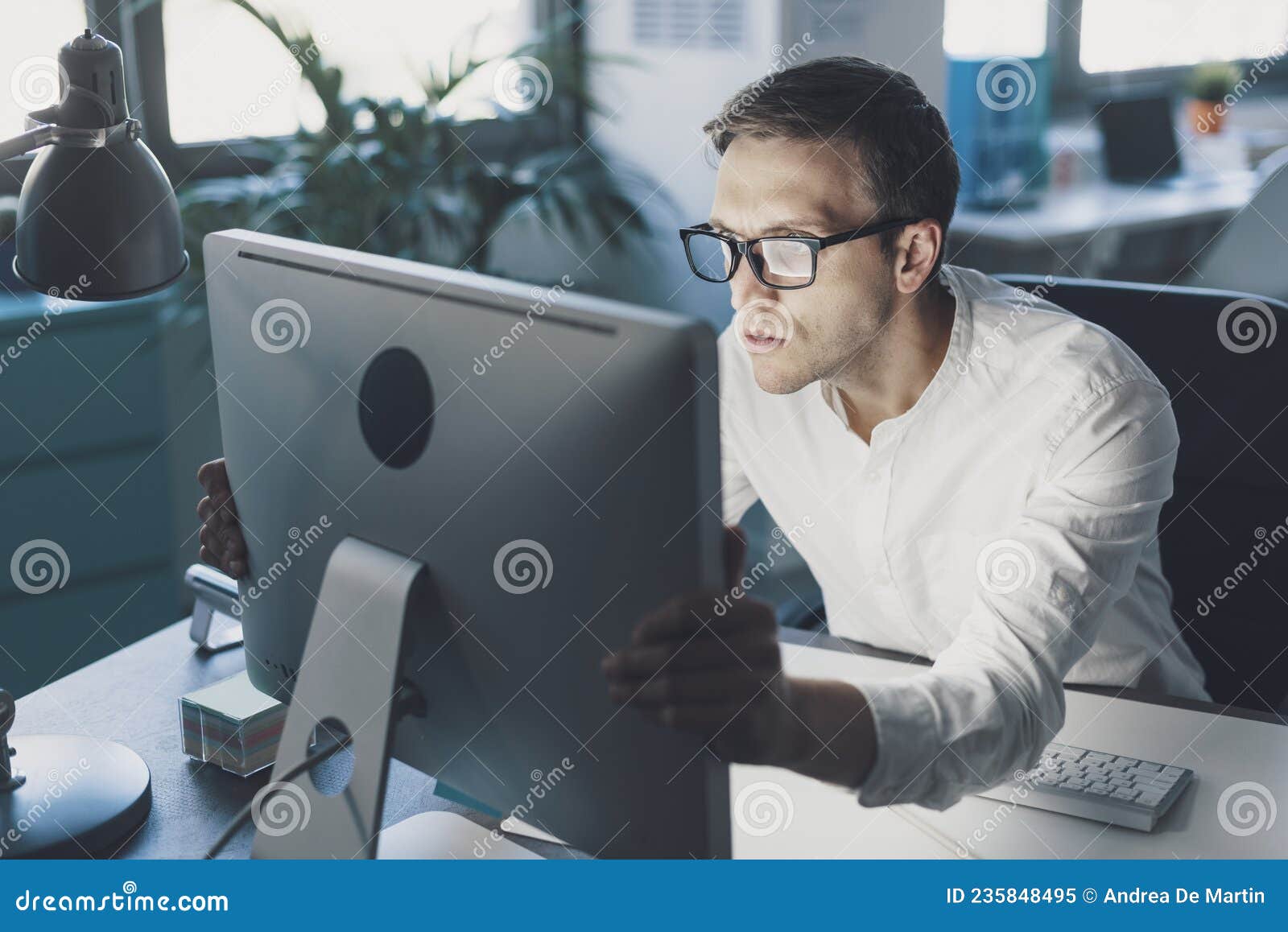 Panicked Businessman Having Issues with His Computer Stock Image ...