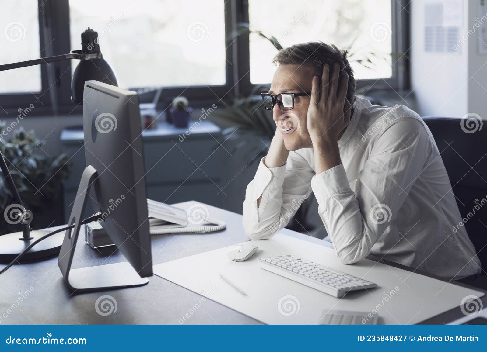 Panicked Businessman Having Issues with His Computer Stock Image ...