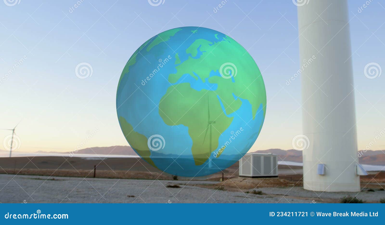 Panning View of Wind Turbines and World Globe Rotating and Pulsating ...