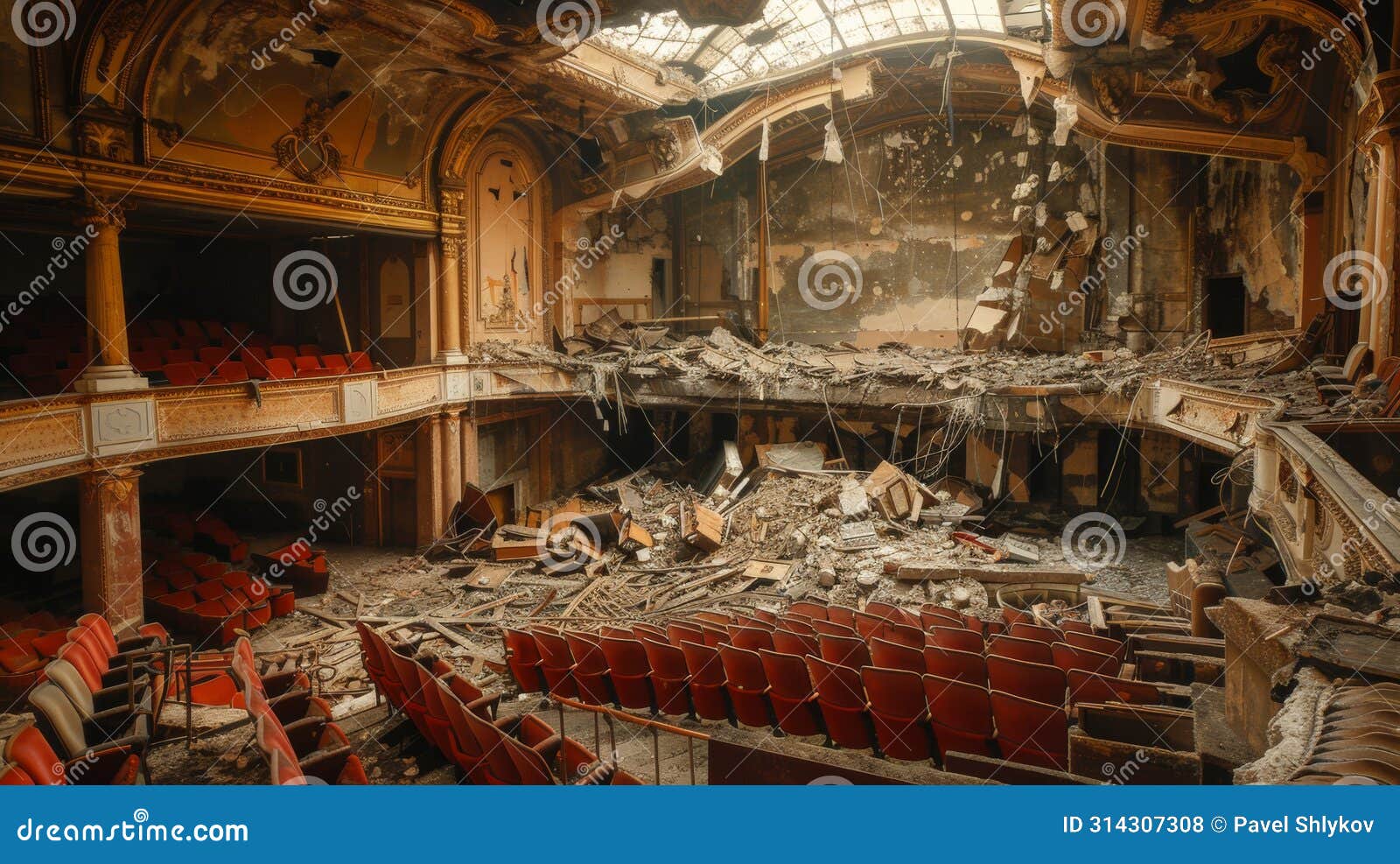 Panorama of an Abandoned Theater with Destroyed Ceiling. Consequences ...