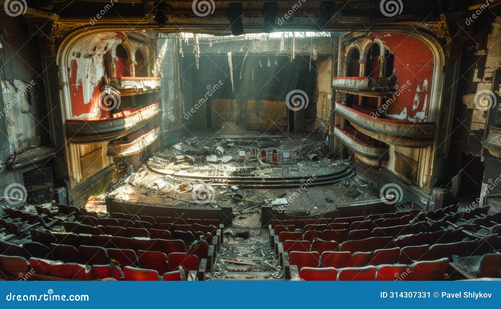 Panorama of an Abandoned Theater with Destroyed Ceiling. Consequences ...