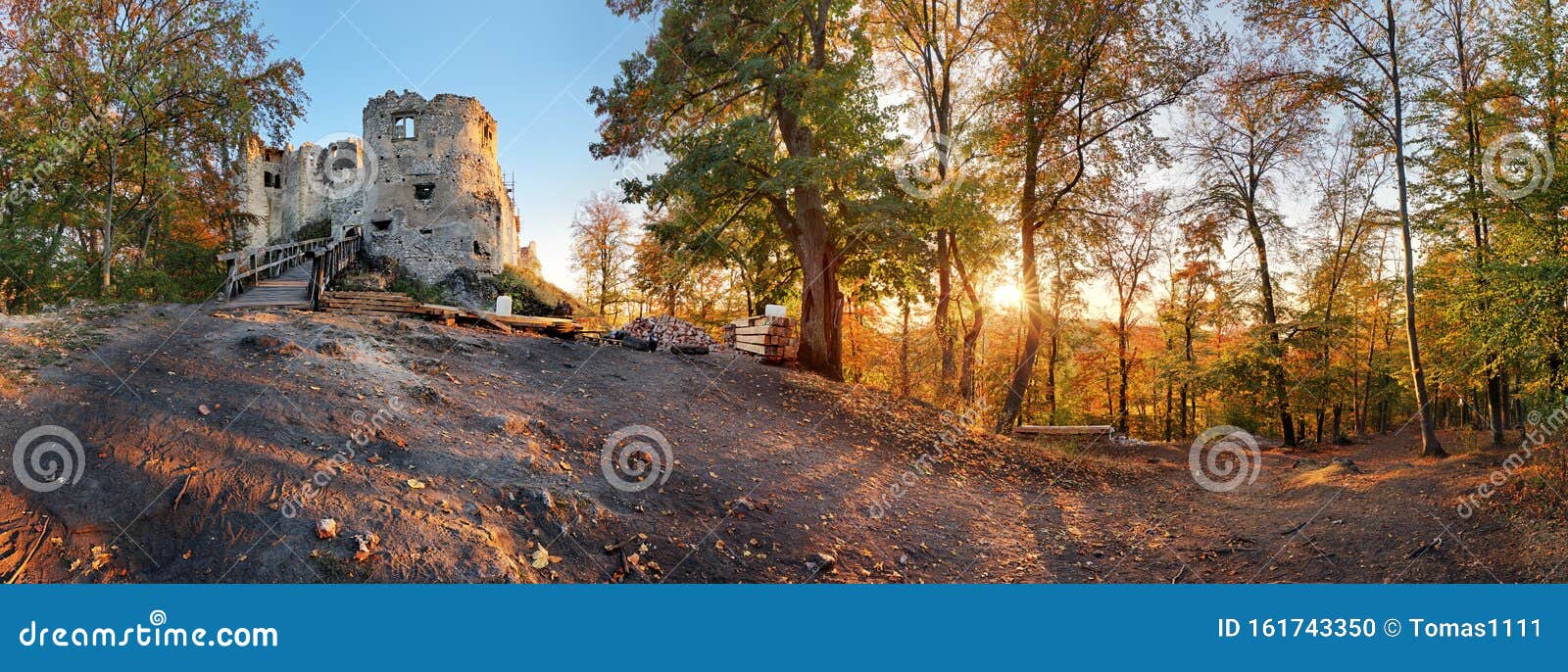 Panorama of Autumn Forest with Uhrovec Castle in Slovakia at Sunset ...
