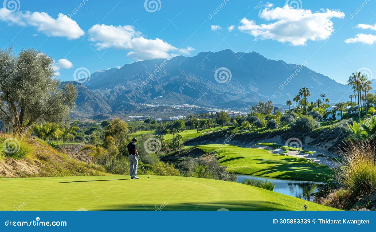 Panorama of Back View of Man Walk Across Pristine Golf Course ...
