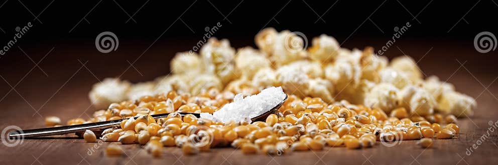 Panorama or Banner with Raw Corn and Popcorn Stock Photo - Image of ...