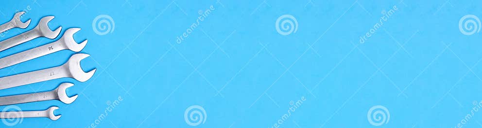 Panorama Banner Set of Wrenches on a Blue Background Stock Image ...