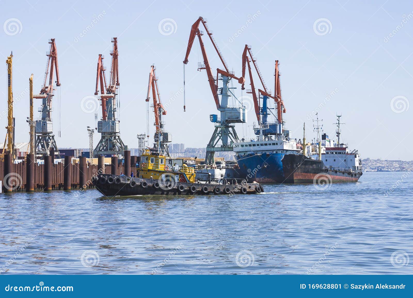 Panorama Of The Cargo Seaport. In The Water Area Of The Port There Are ...