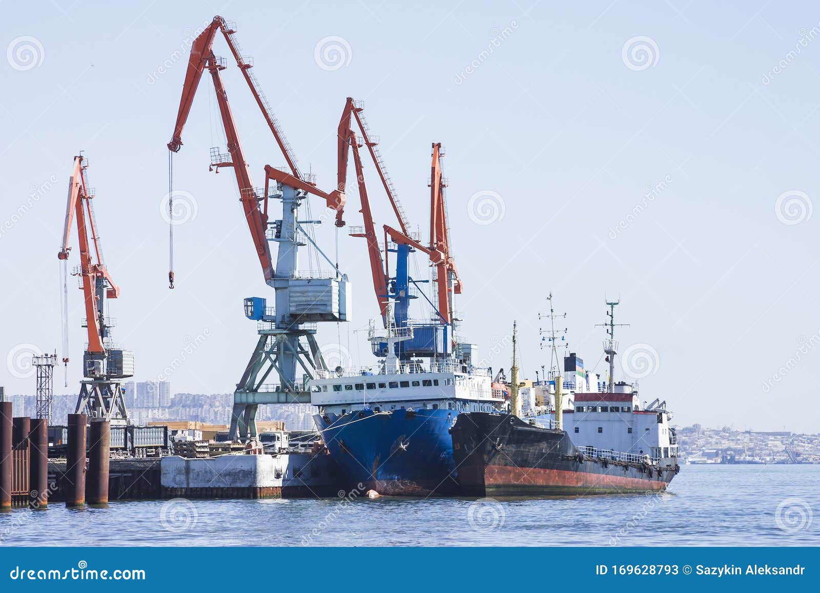 Panorama Of The Cargo Seaport. In The Water Area Of The Port There Are ...