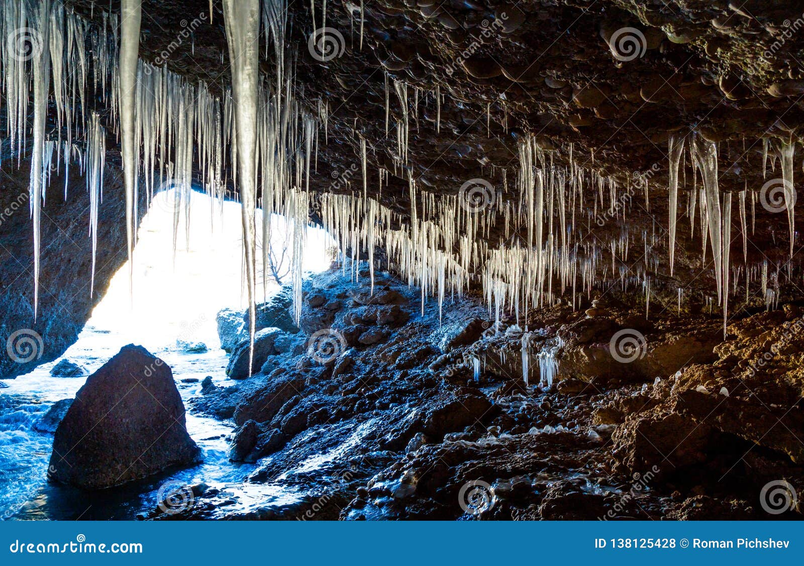 Panorama of the Cave with Ice Stalactites Stock Photo - Image of lines ...