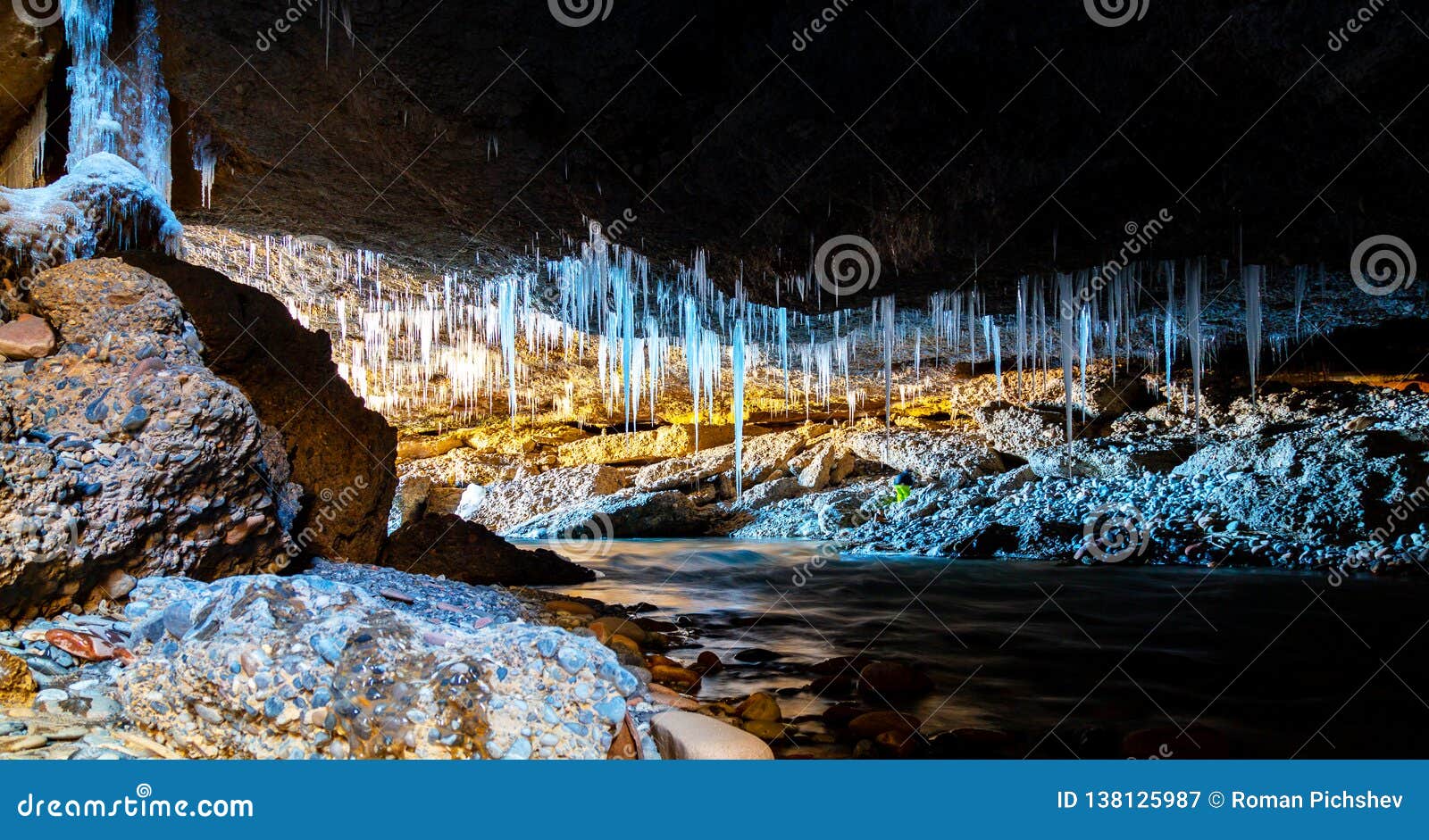 Panorama of the Cave with Ice Stalactites Stock Image - Image of ...