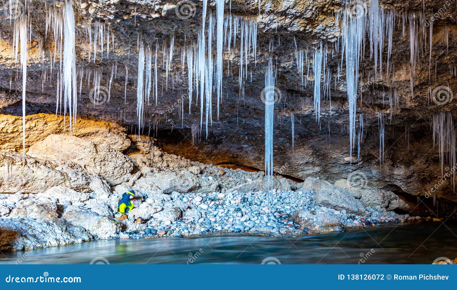Panorama of the Cave with Ice Stalactites Stock Photo - Image of blue ...