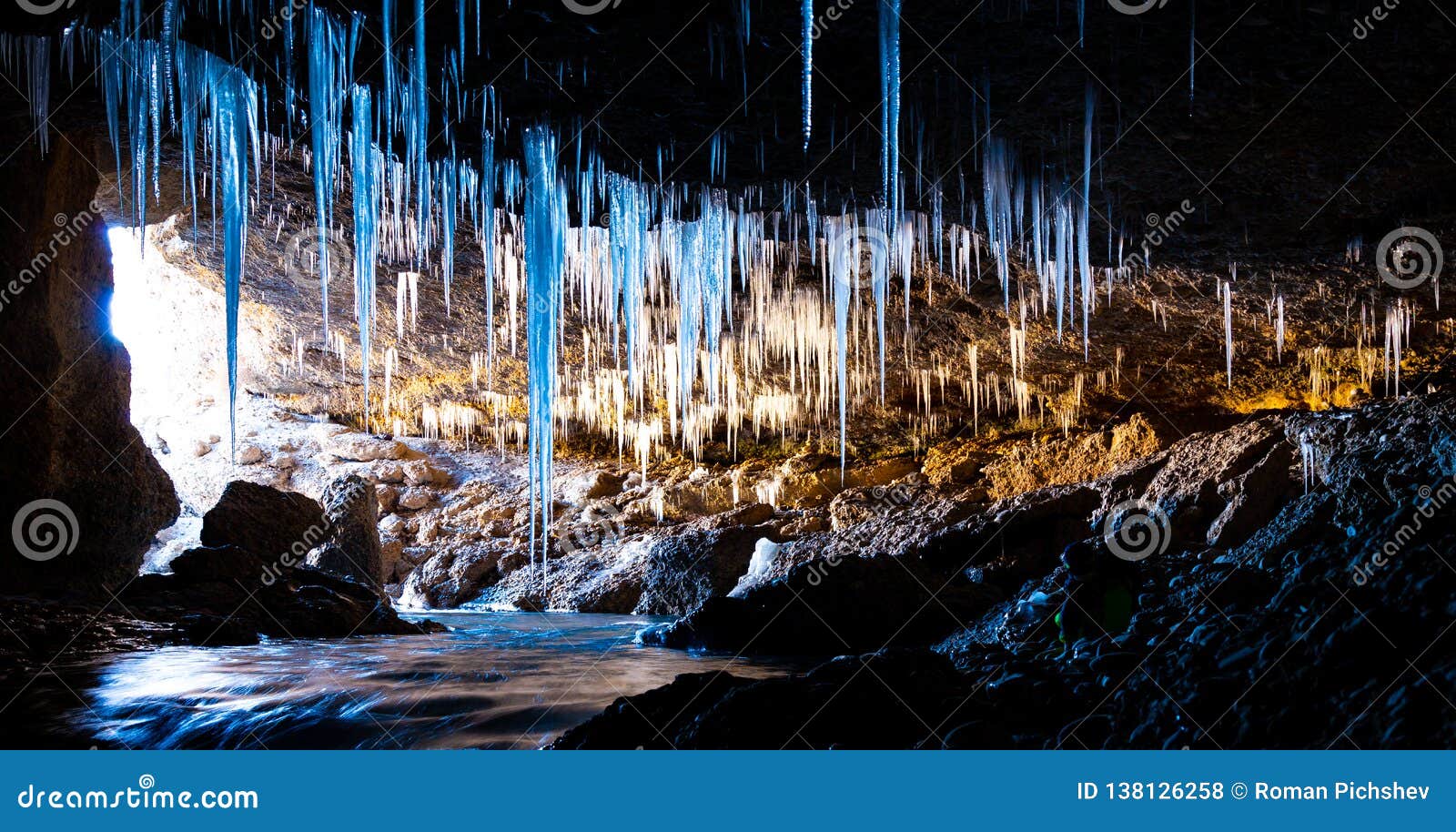 Panorama of the Cave with Ice Stalactites Stock Photo - Image of blue ...
