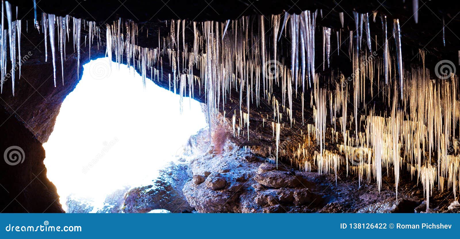 Panorama of the Cave with Ice Stalactites Stock Photo - Image of pole ...