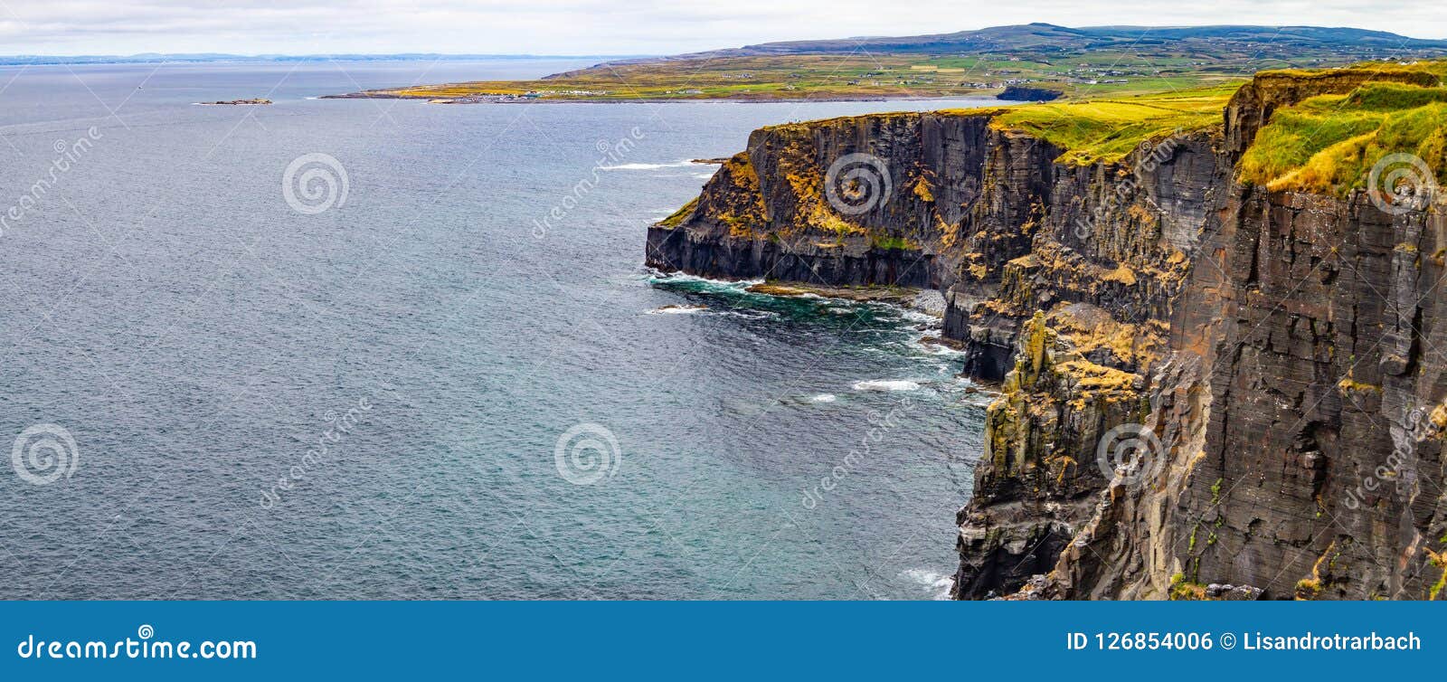 Panorama of Cliffs of Moher with Doolin Village and Farm Fields Stock ...