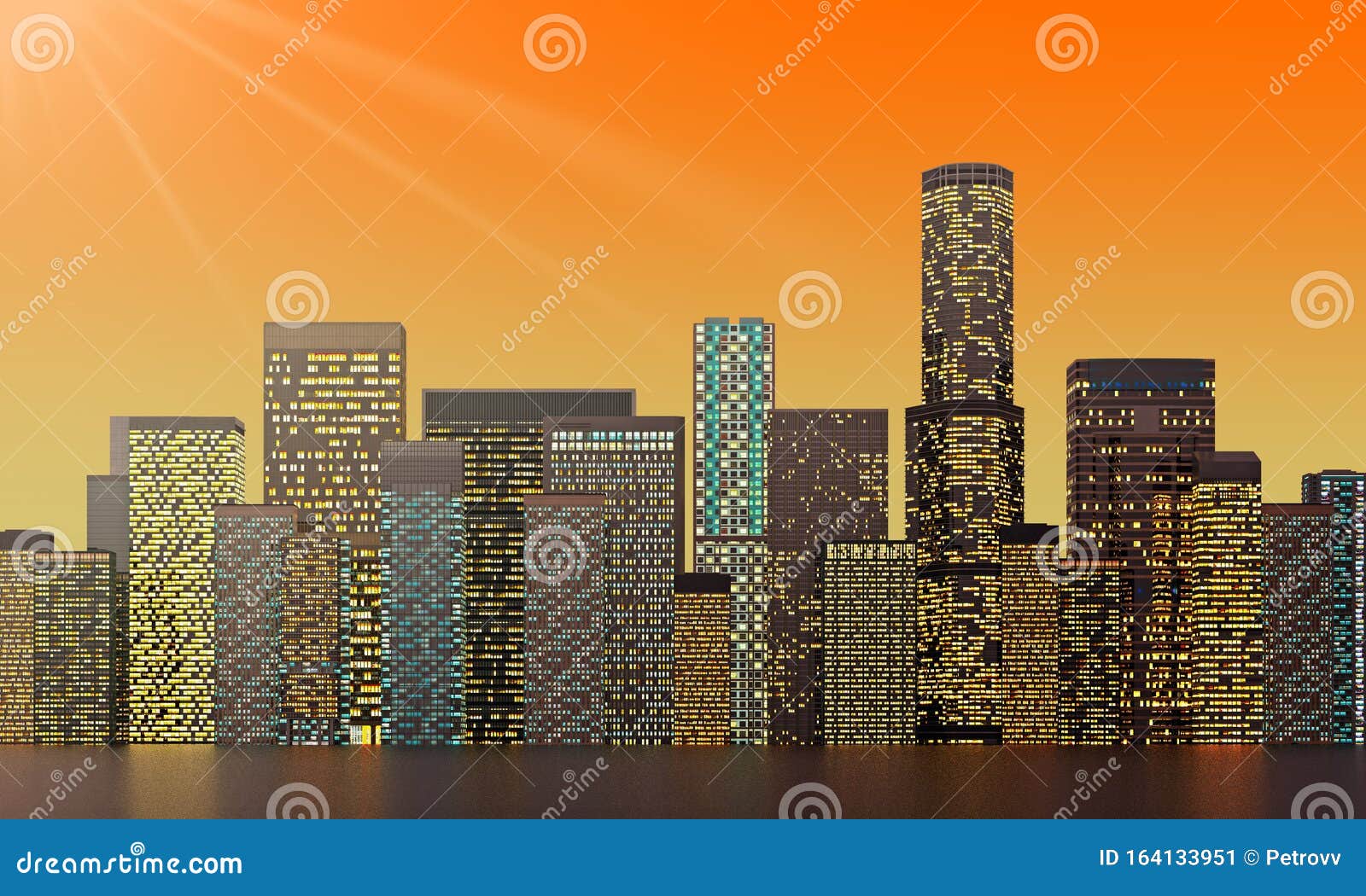 Panorama of Colored Skyscrapers at Night Stock Illustration ...