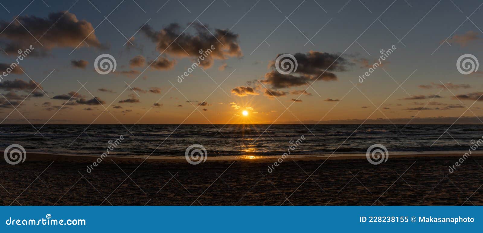 Panorama of a Colorful Beach Sunset with the Sun Dropping into the ...