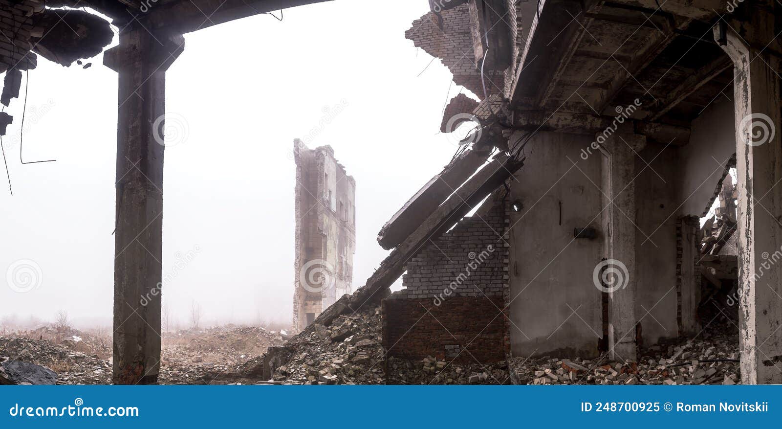 Panorama of Destroyed Buildings in Ruins in a Hazy Haze. Background ...