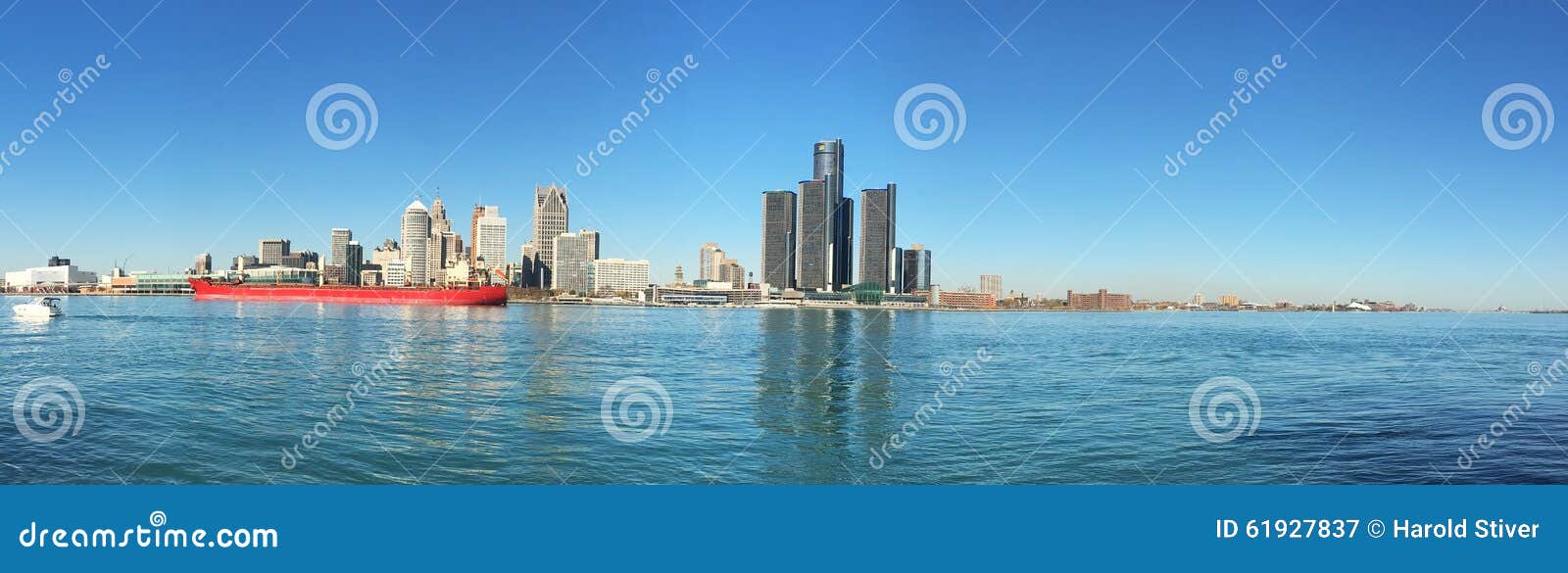 Panorama of the Detroit, Michigan Skyline with Freighter in Foreground ...