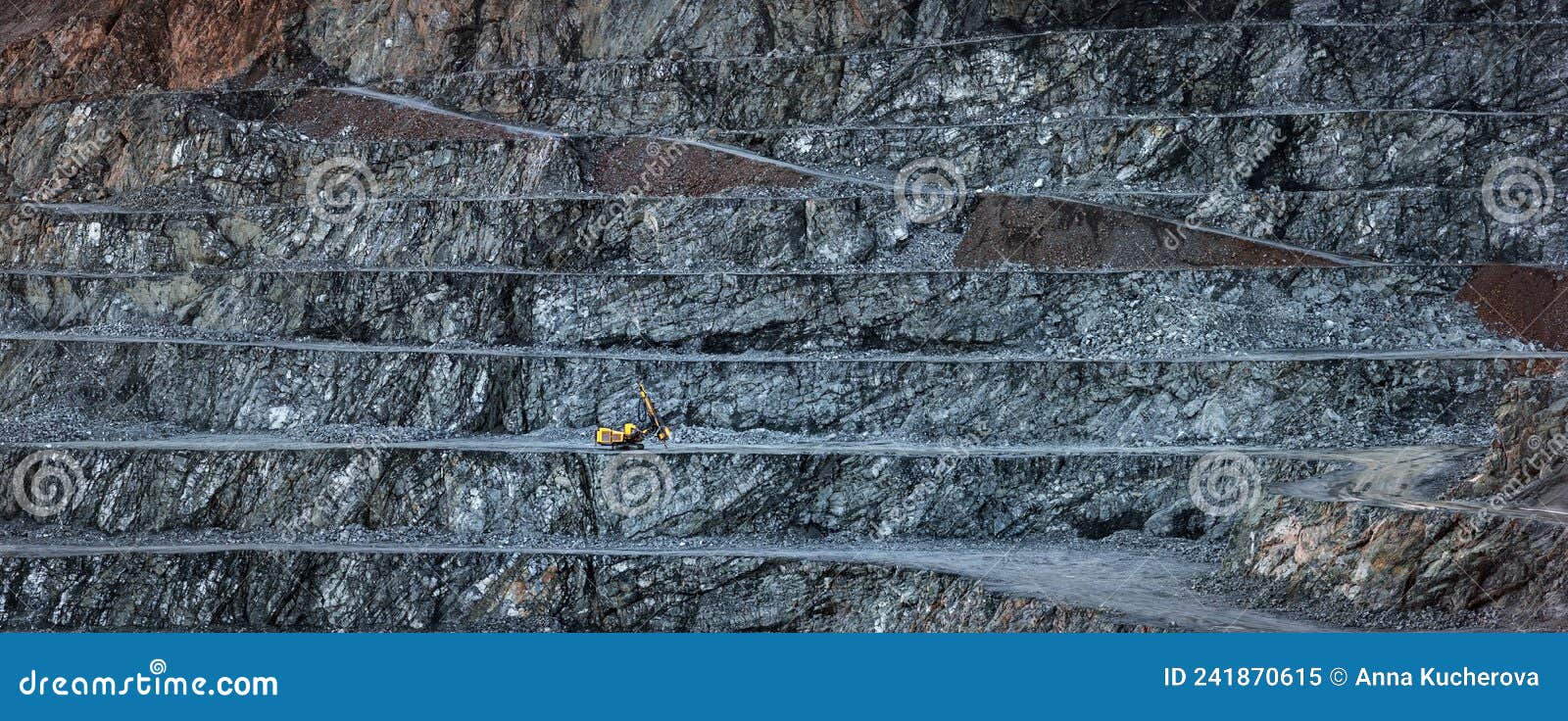 Panorama of Diabase Quarry with Stepped Wall and One Yellow Drilling ...