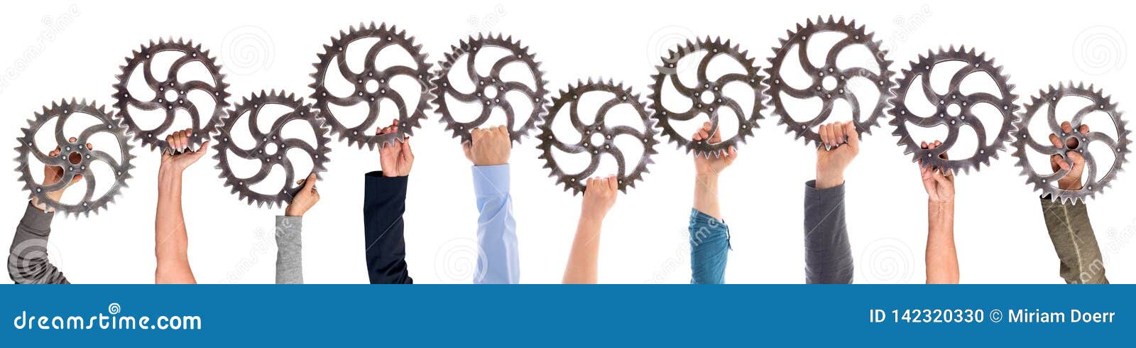Panorama of Different Hands Holding Gears Meshing Stock Photo - Image ...