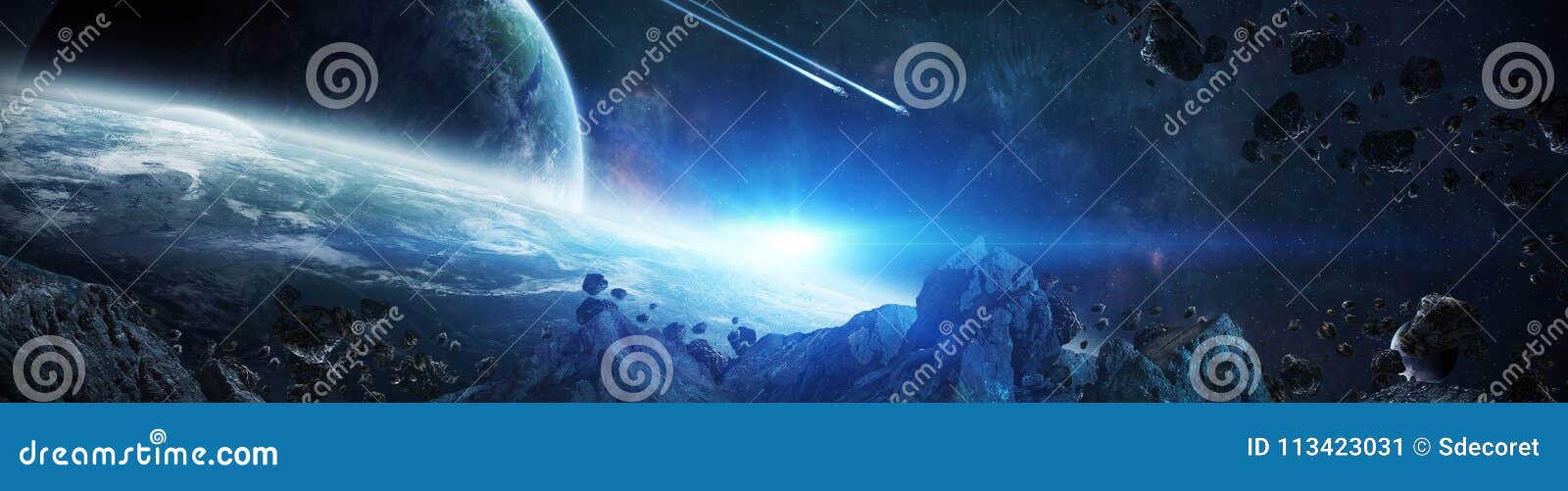 Panorama of Distant Planet System in Space 3D Rendering Elements Stock ...