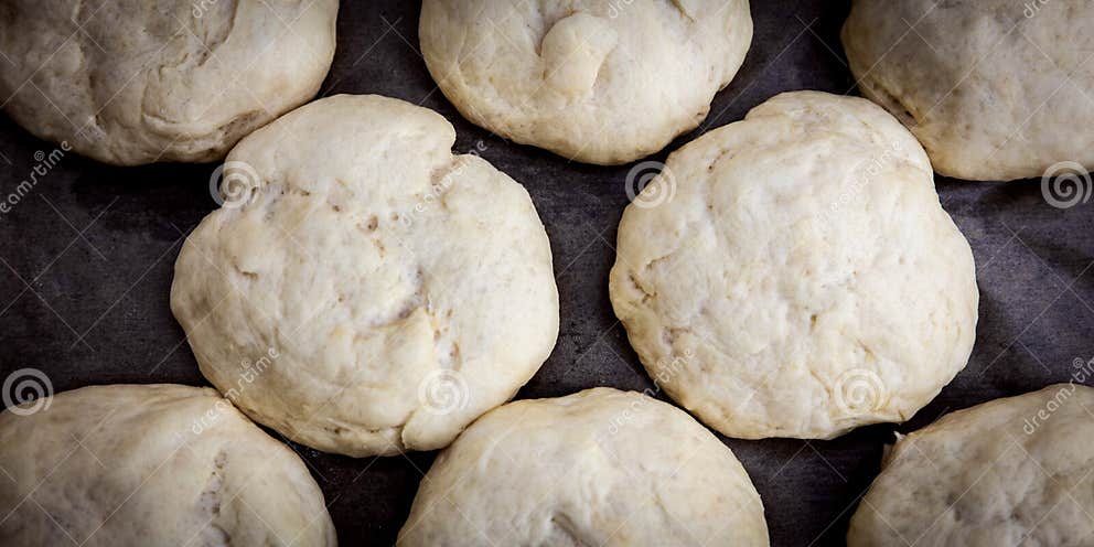 Panorama, Dough Buns Bread on Baking Paper Stock Photo - Image of ...