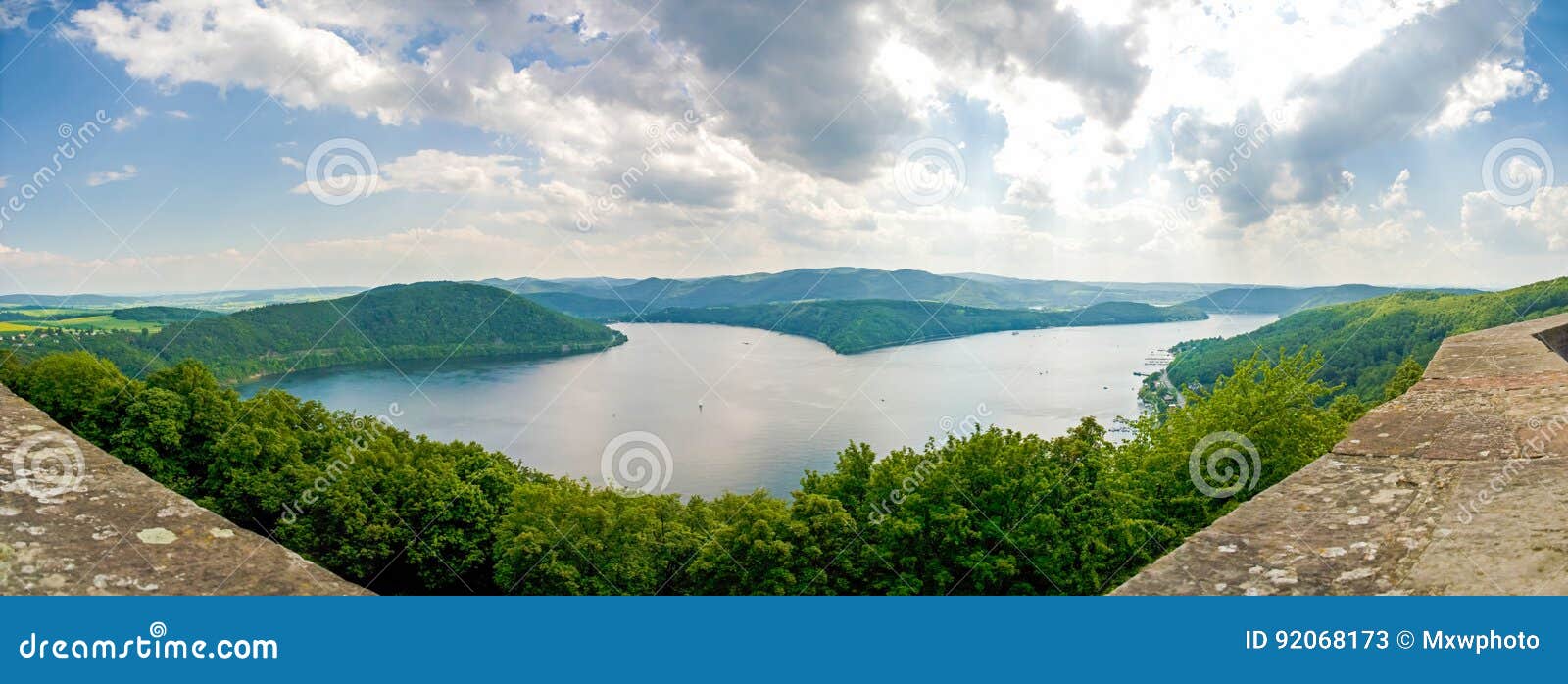 Panorama of Edersee Germany Green Trees Blue Sky Clouds Summer Stock ...