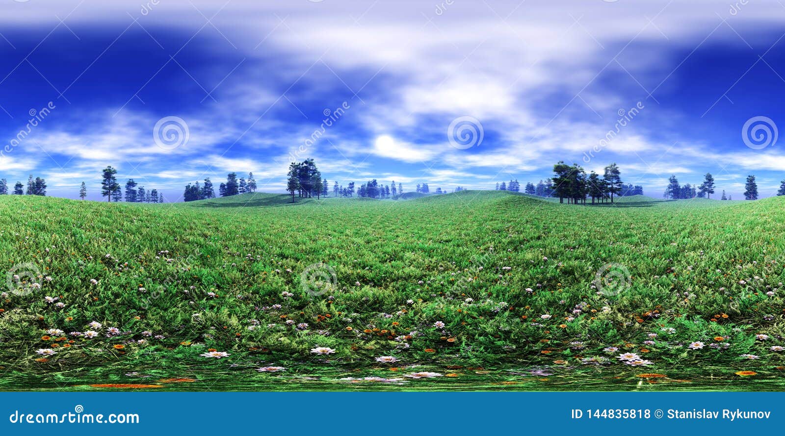 Panorama of a Flower Meadow, Flower Hills View. HDRI . Equidistant ...