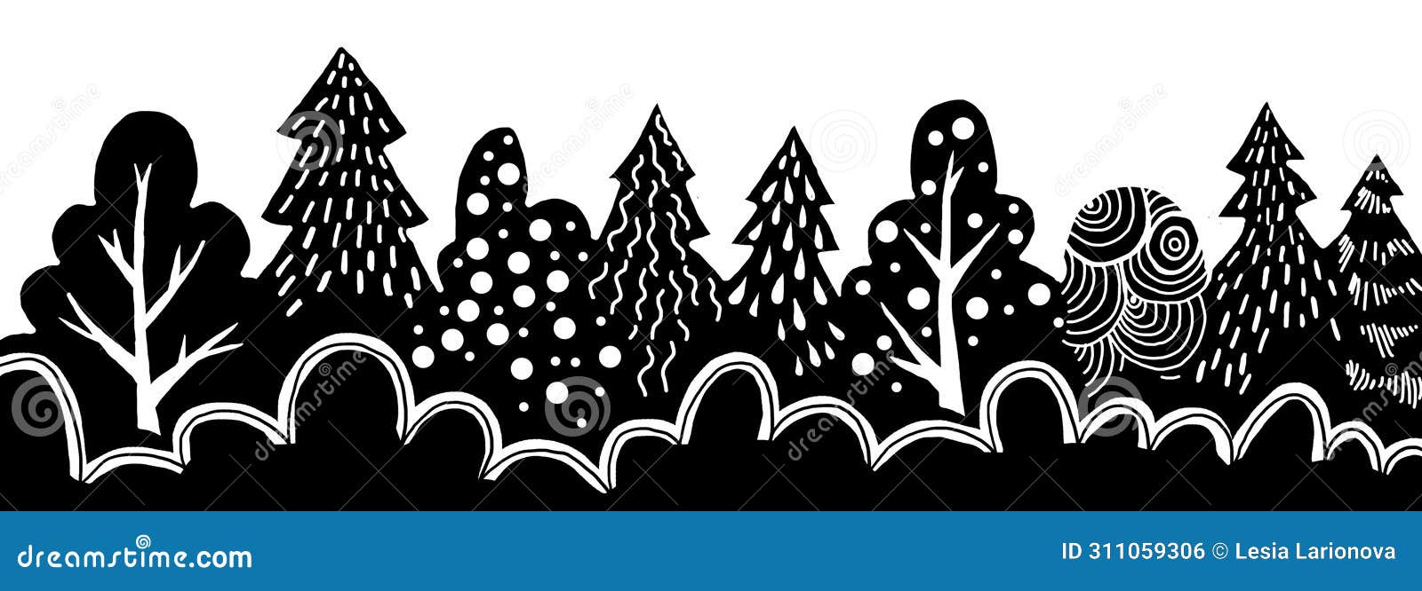 Panorama of the Forest, Trees. Black Outline on a White Background ...