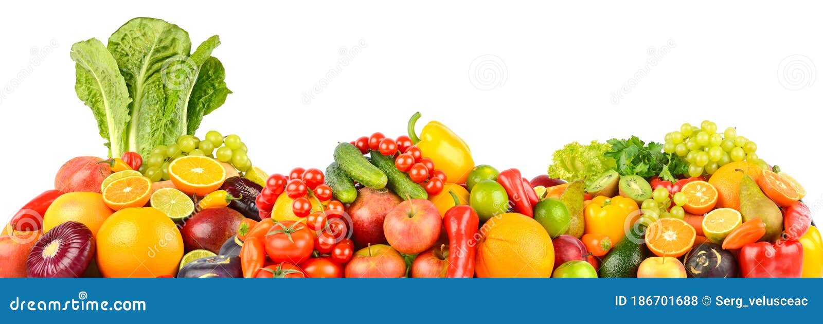 Panorama of Fresh Vegetables and Fruits Isolated on White. Side View ...