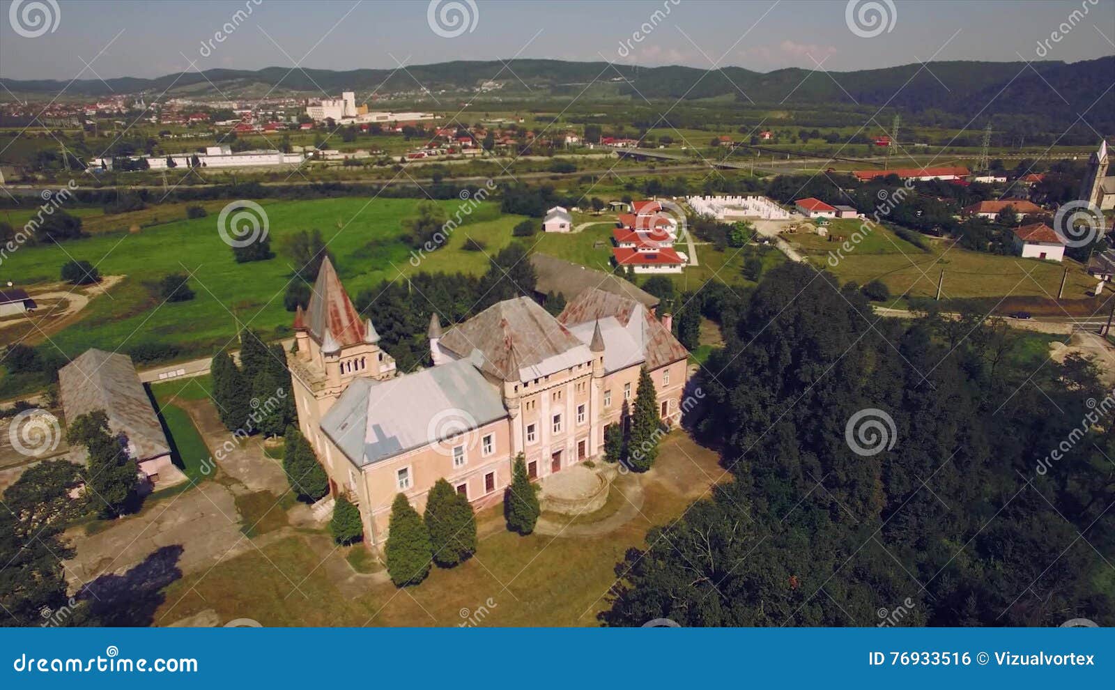 Panorama of Green Fields with a Medieval Castle and Small Town in the ...
