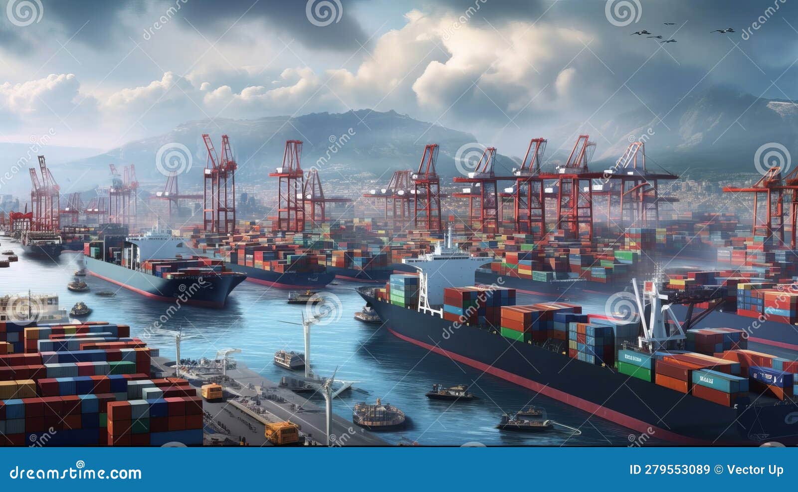 Panorama of the Harbor with Container Ships. Generative AI Stock ...