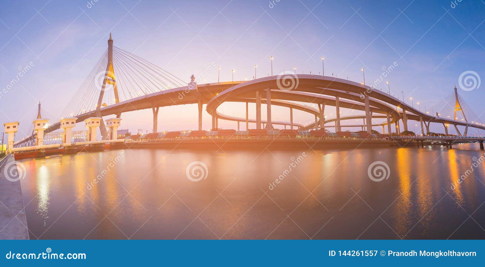 Panorama Highway Intersection Connect with Suspension Bridge River ...