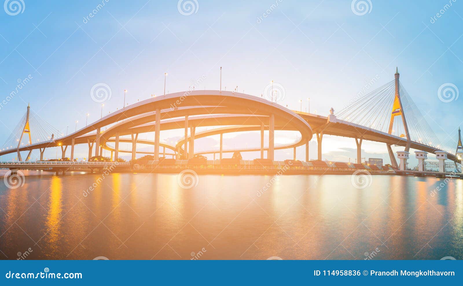 Panorama Highway Intersection and Suspension Bridge River Front Stock ...