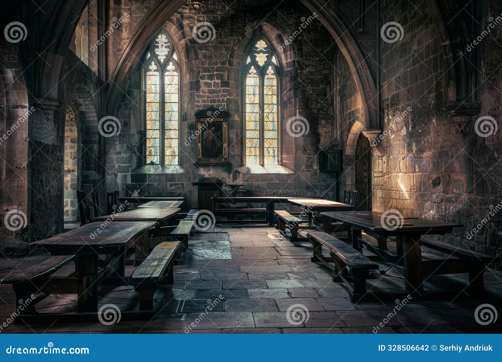 Panorama of the Interior of an Old Church with Tables and Benches Stock ...