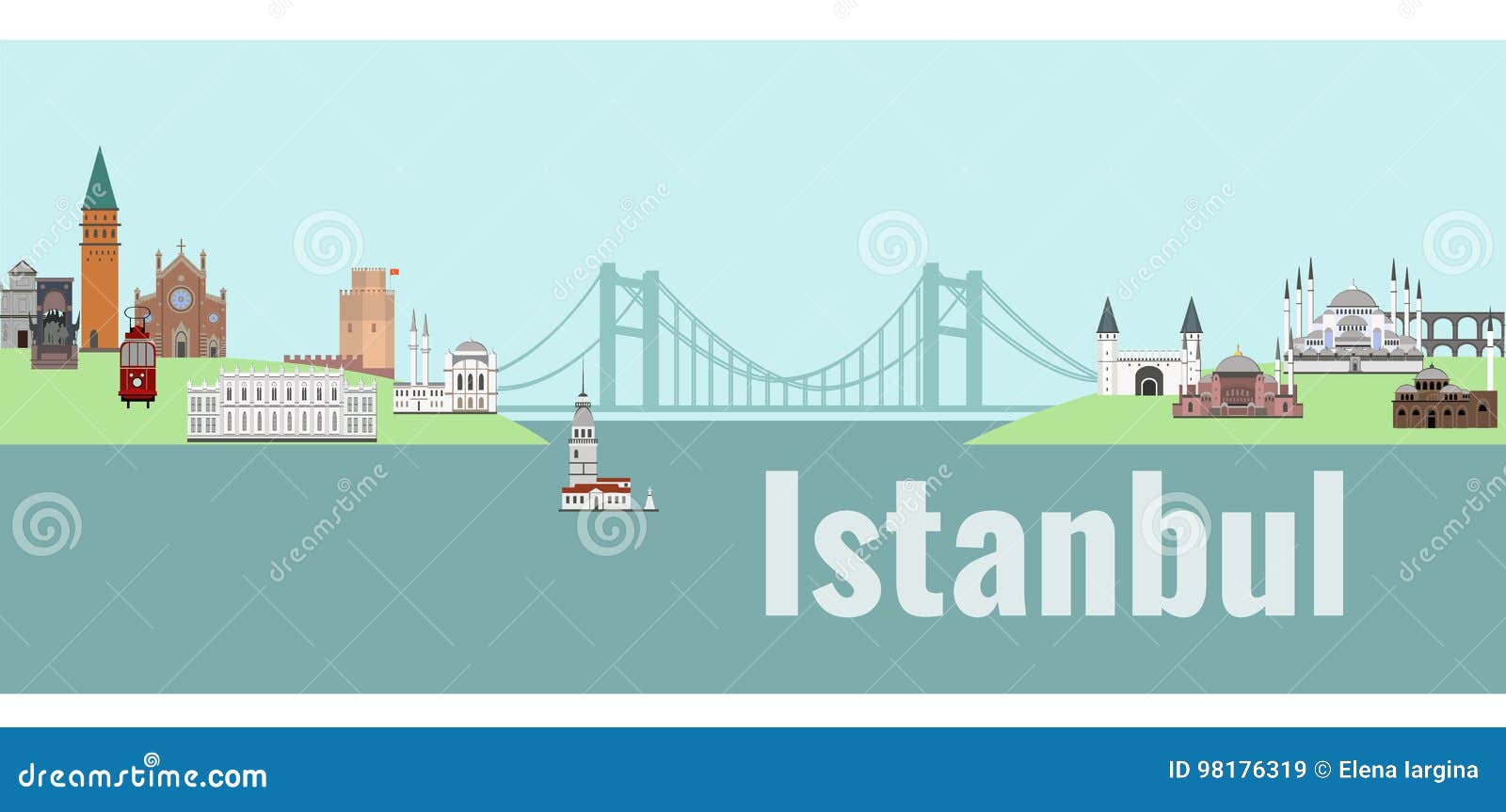 Istanbul Panorama Drawing, Blue Series Vector Illustration ...